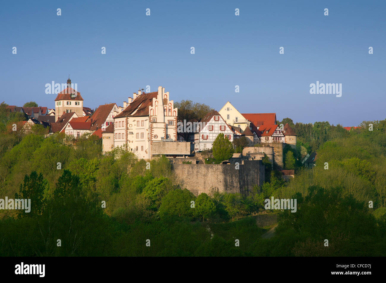 View to the castle and the tower in the sunlight, Vellberg, Hohenlohe ...