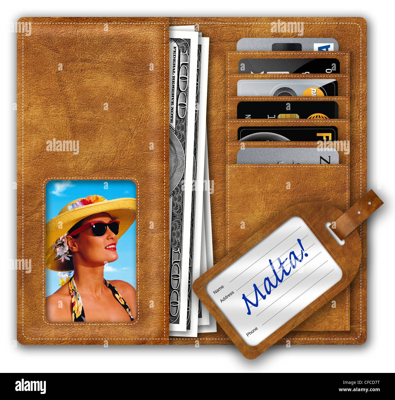 Wallet containing US Dollars and credit cards, picture of holdaymaker ...