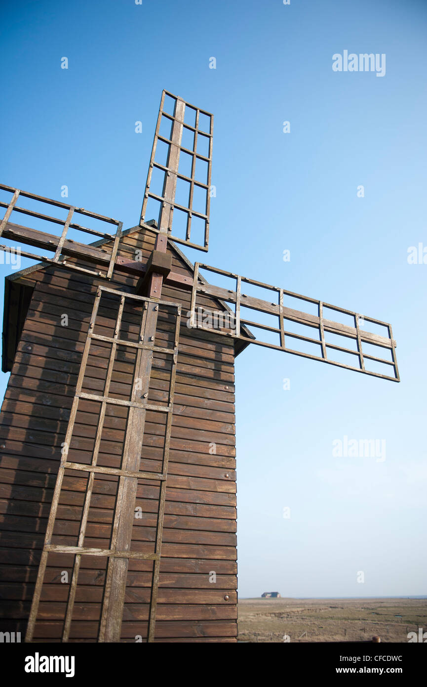Wooden wind mill, landmark of Ketelswarft on Hallig Langeneß, a tiny ...