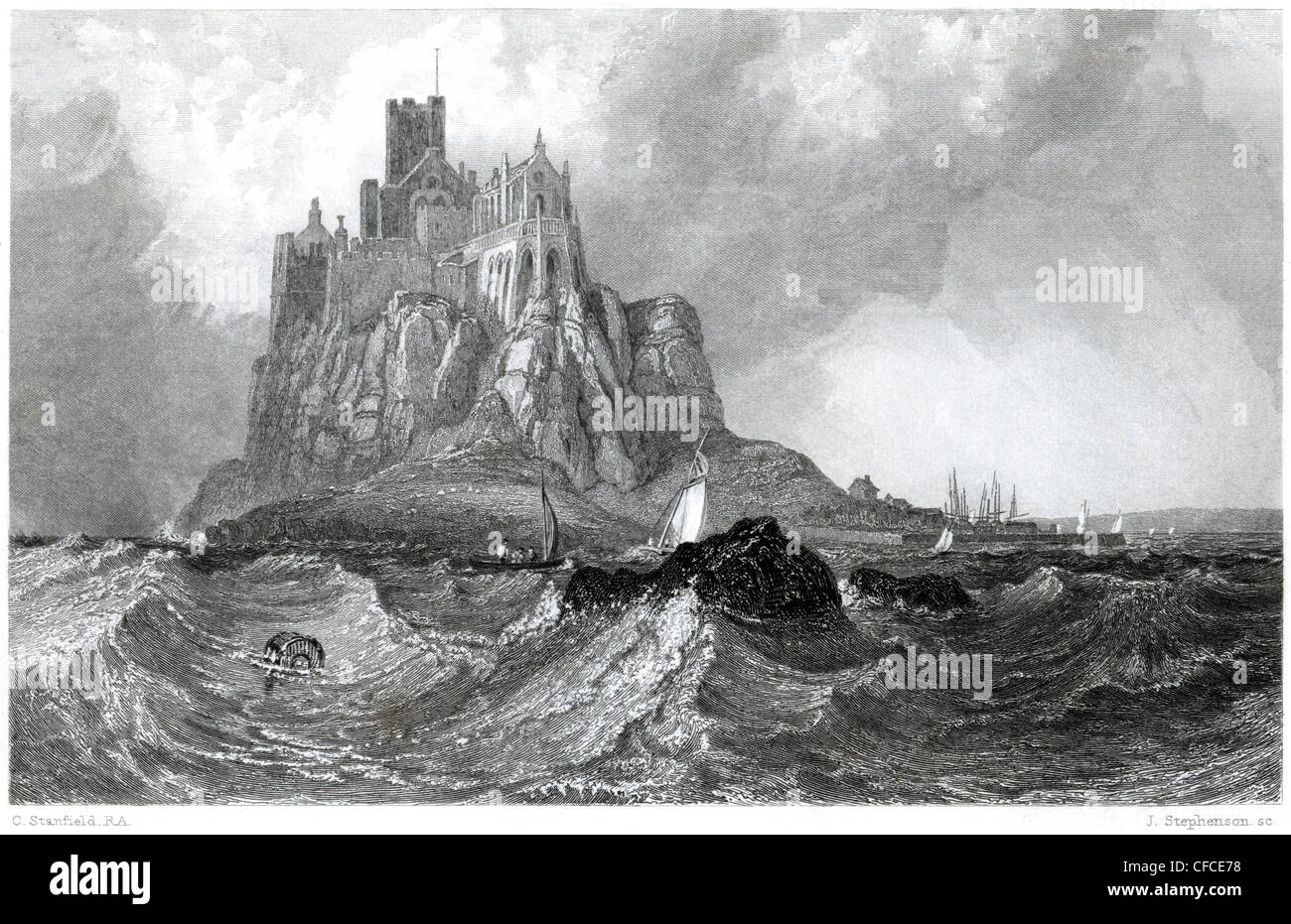 An engraving entitled "St Michaels Mount, Cornwall" scanned at high ...