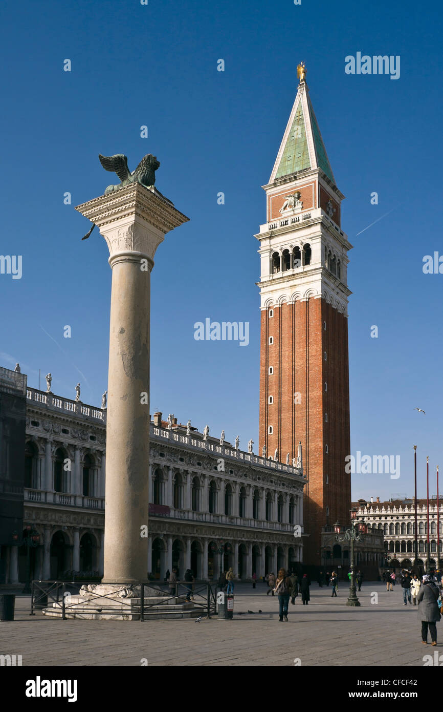 Campanile bell tower and Winged Lion column at Saint Mark's square ...