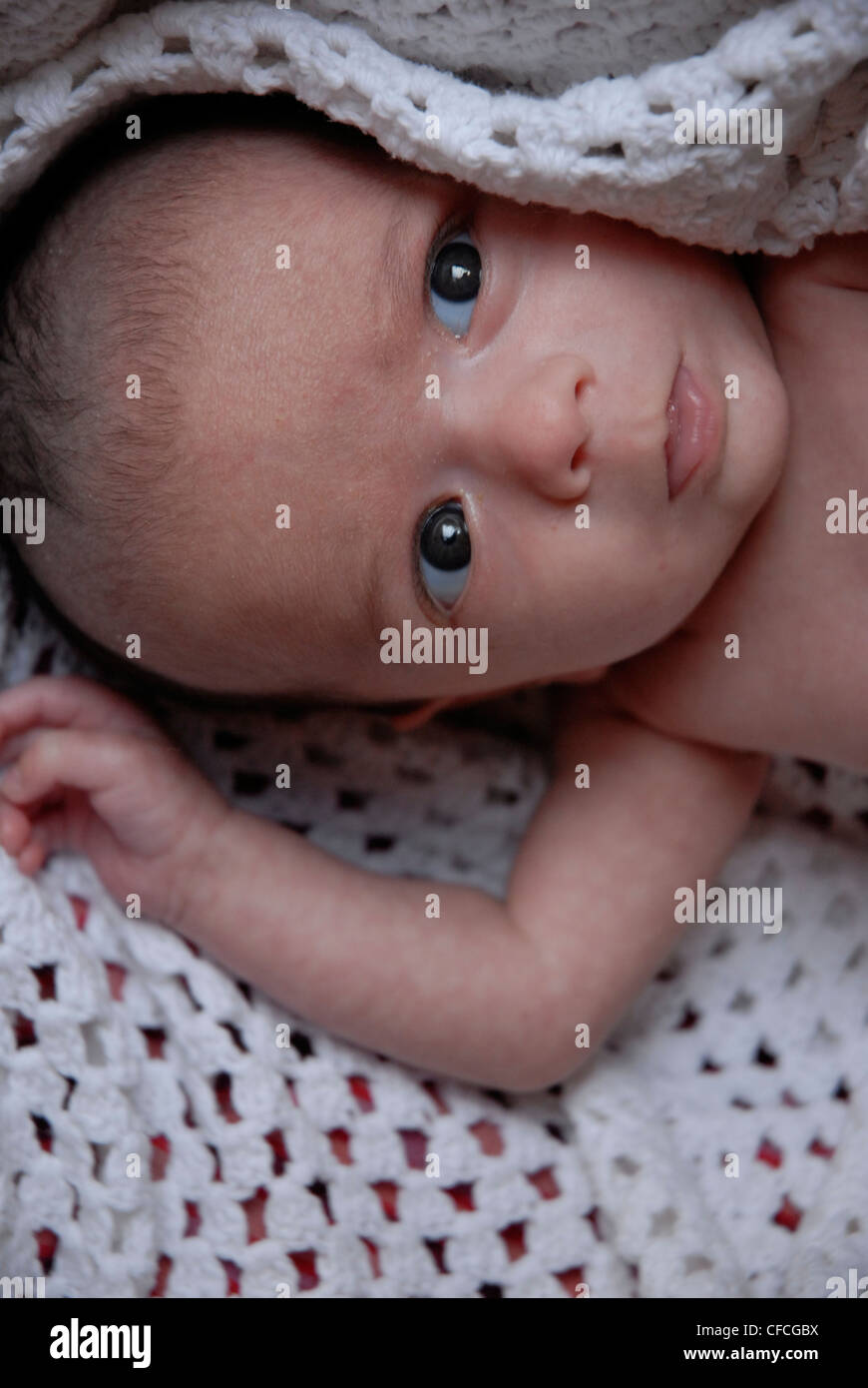 Tiny newborn baby looking out from his blanket Stock Photo - Alamy