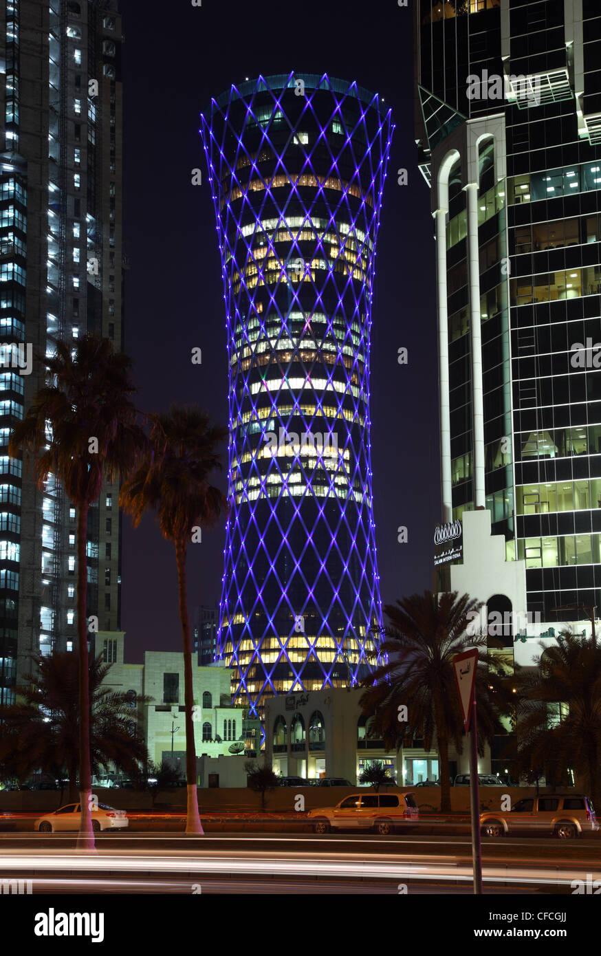 Blue illuminated QIPCO Tower in Doha, Qatar Stock Photo - Alamy