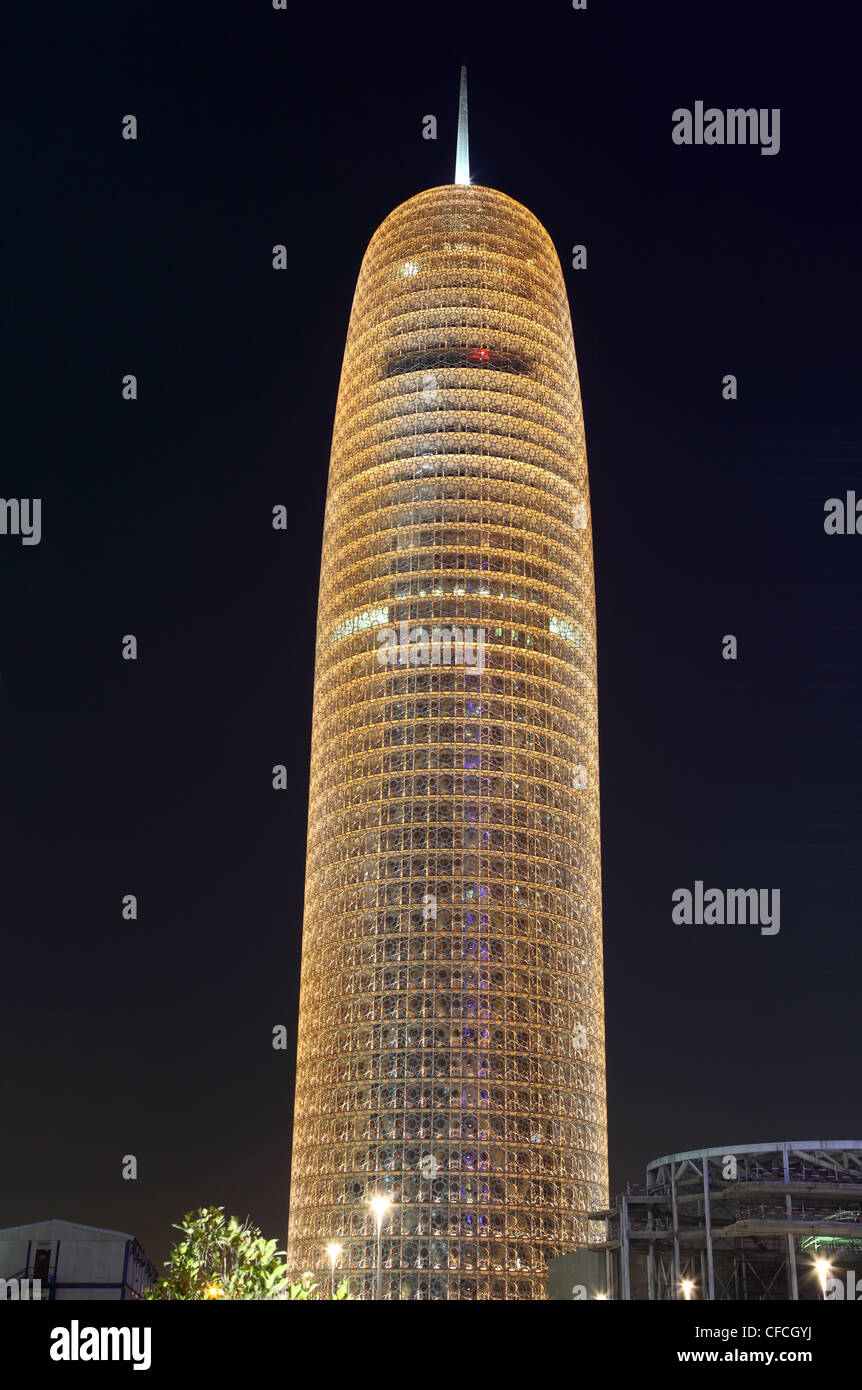 Burj Qatar illuminated at night, Doha West Bay, Qatar Stock Photo - Alamy