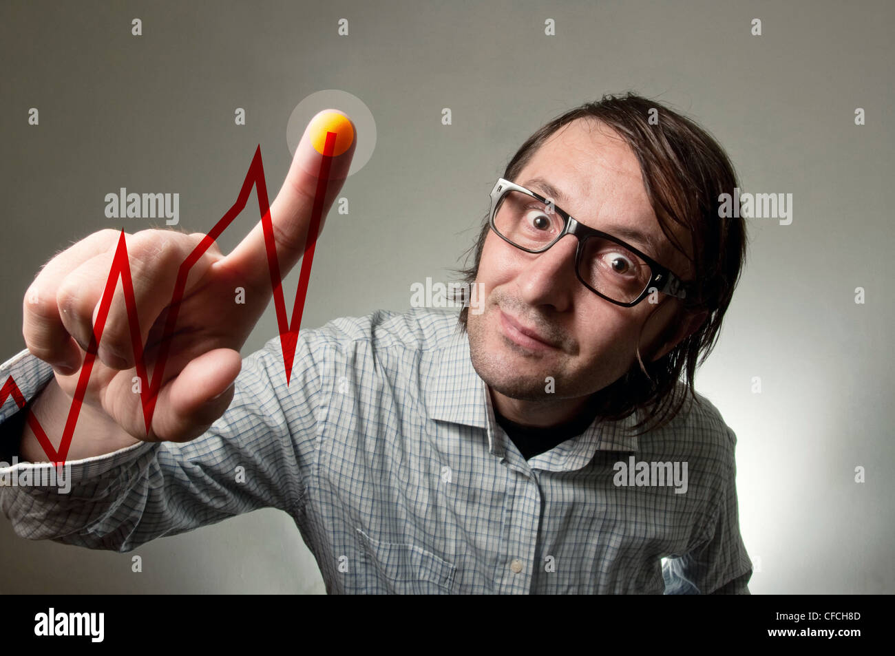 Nerd looking male using a touch screen to present the rising chart ...