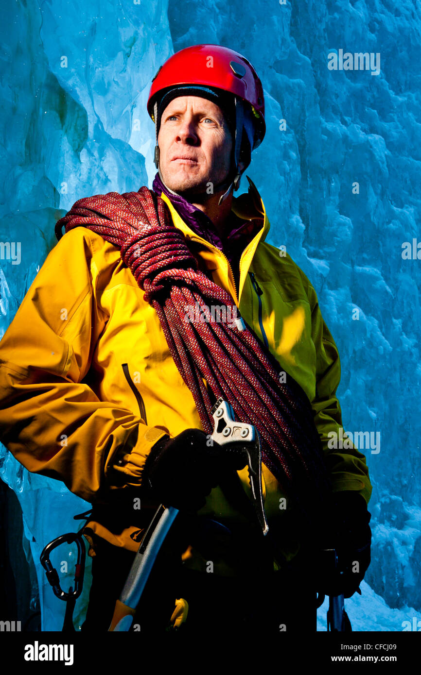 Ice Climber and mountaineer poses for a portrait at Hidden Falls Stock ...