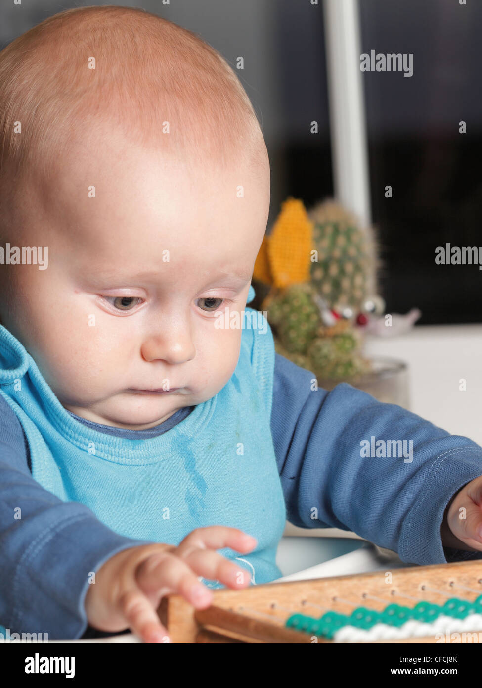 portrait of 6 months male child baby boy in blue eye, playing with ...