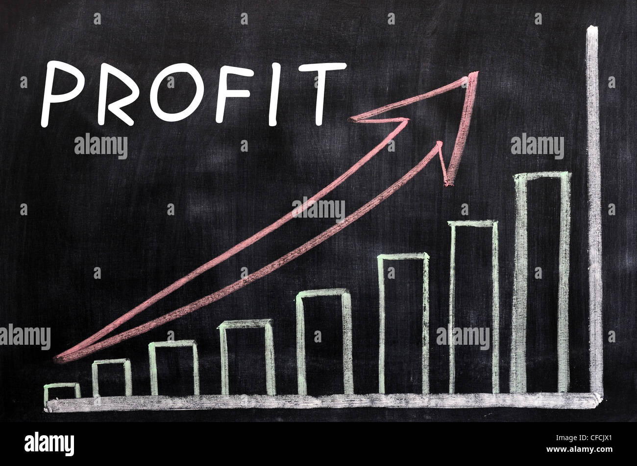 Profit written on a blackboard with an up arrow and columns Stock Photo ...