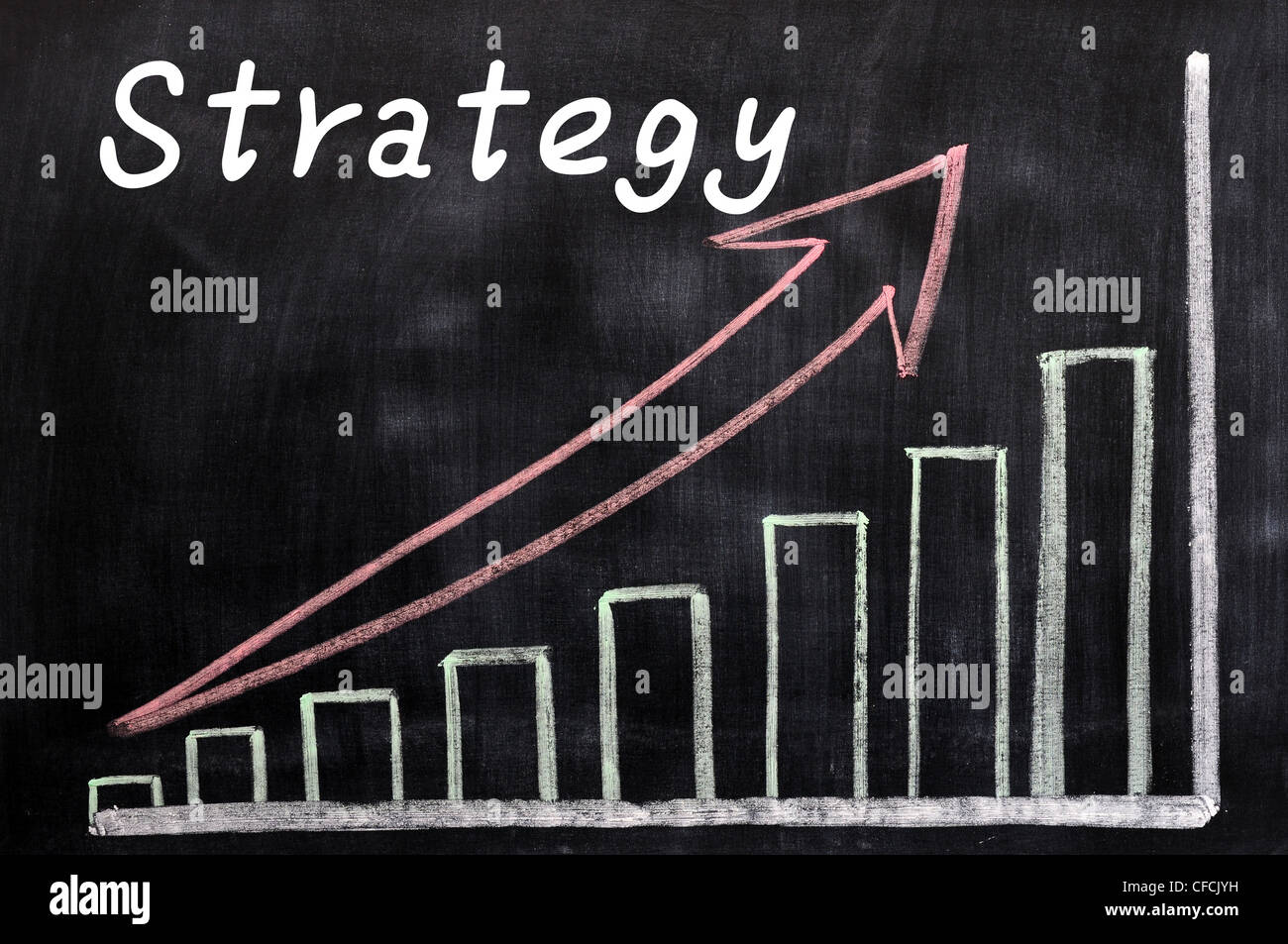 Strategy written on a blackboard with an up arrow and columns Stock ...