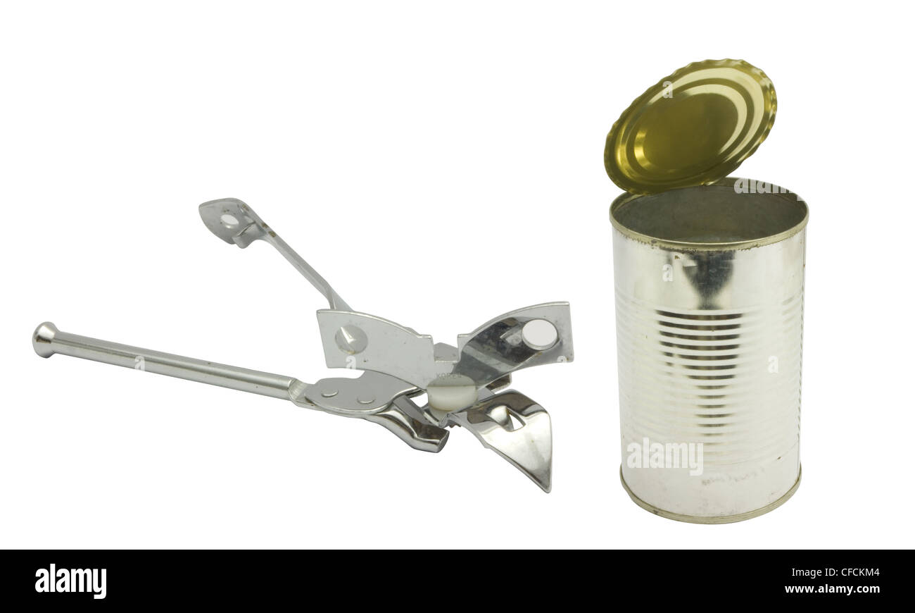 a can opener and a opened tin can, to illustrate solution concept, both ...