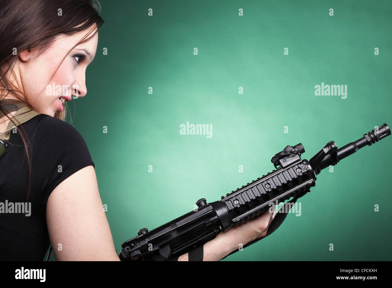 Beautiful woman with rifle plastic Military Army girl Holding Gun green ...
