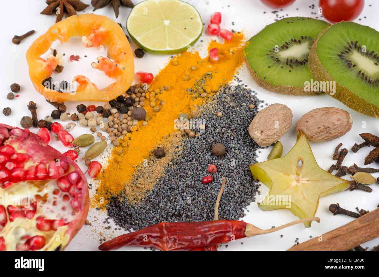 Colorful spices on a white background - beautiful kitchen image Stock ...