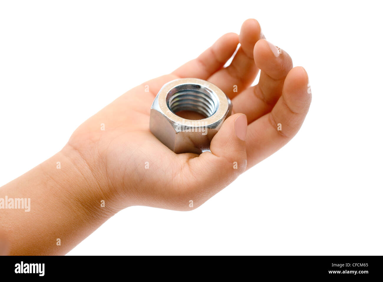 Hand holding a hexagonal silver metal nut over white Stock Photo - Alamy