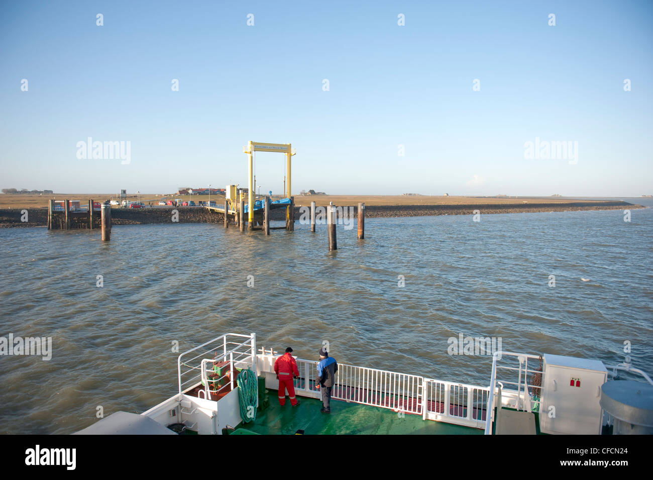 Ferry "Hilligenley" approaching the port of Hallig Hooge, a tiny wadden ...