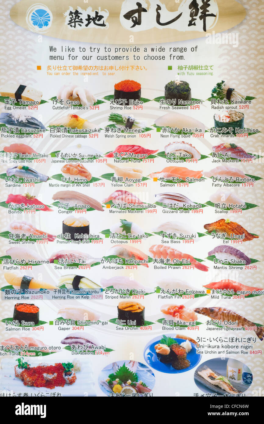 Japan, Tokyo, Tsukiji Market, Sushi Shop Menu Board Stock Photo - Alamy