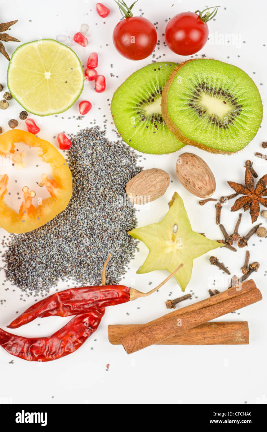 Colorful spices on a white background - beautiful kitchen image Stock ...
