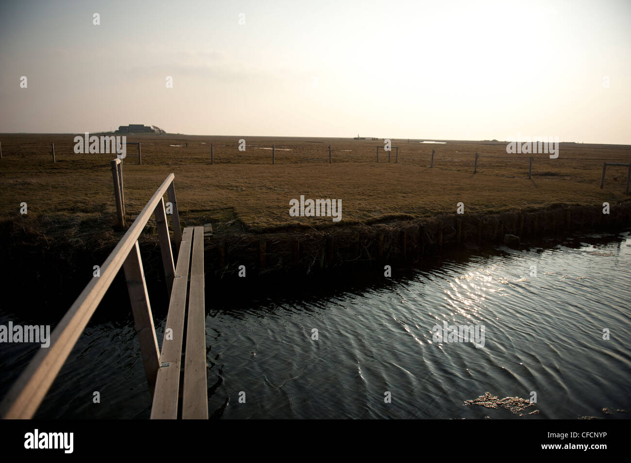 Tiny bridge crossing a tidal stream on Hallig Langeneß, small island in ...