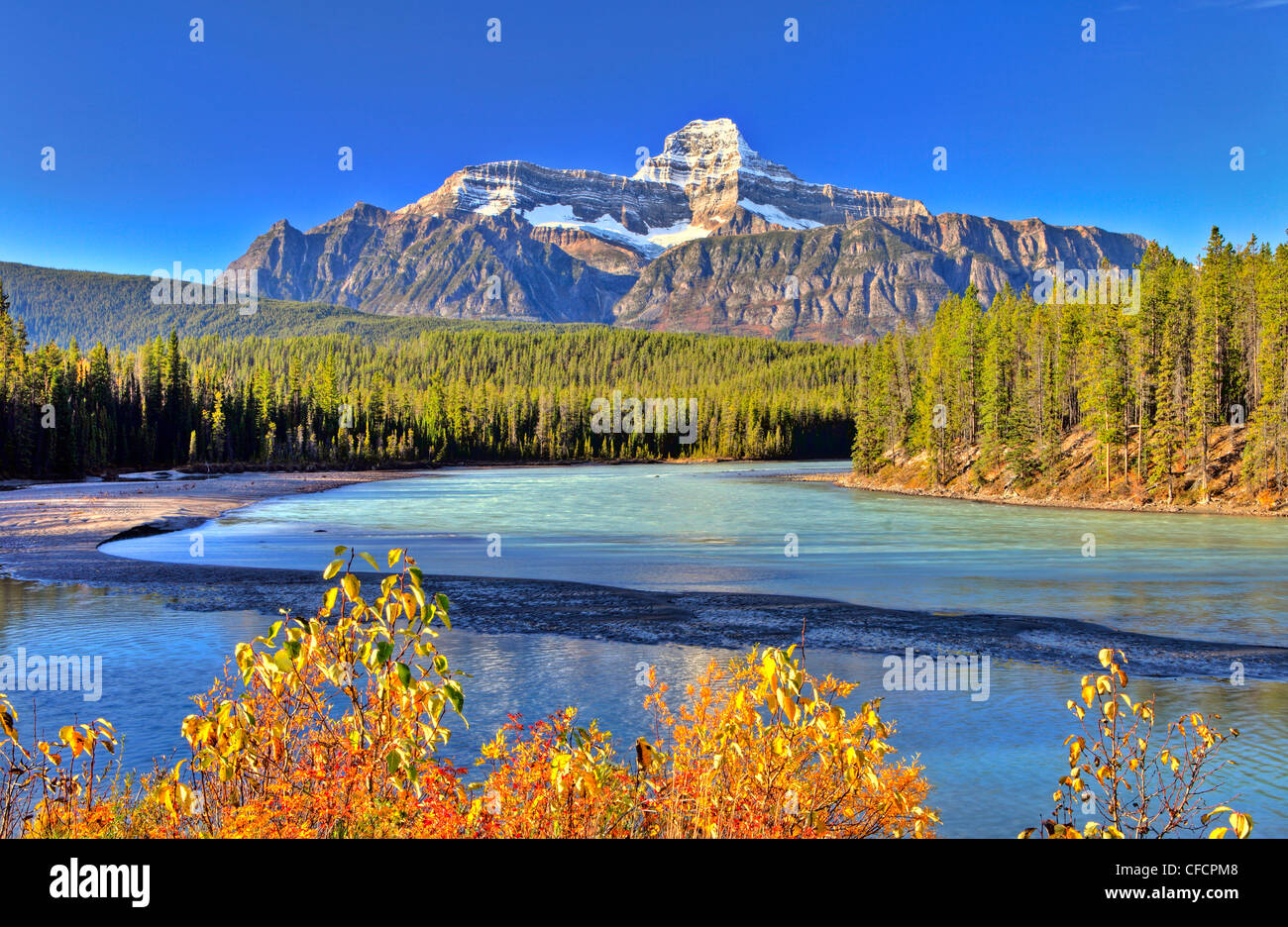 Mt Christie and Athabasca River, Jasper National Park, Alberta, Canada ...