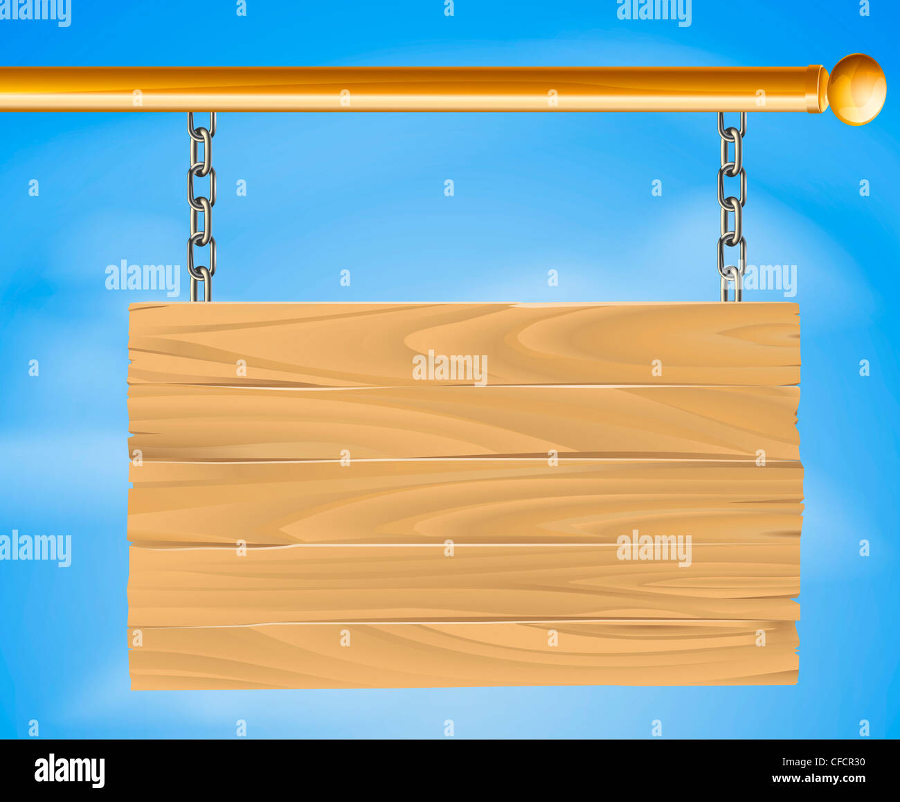 Wood sign hanging suspended with chains on pole with sky in the ...