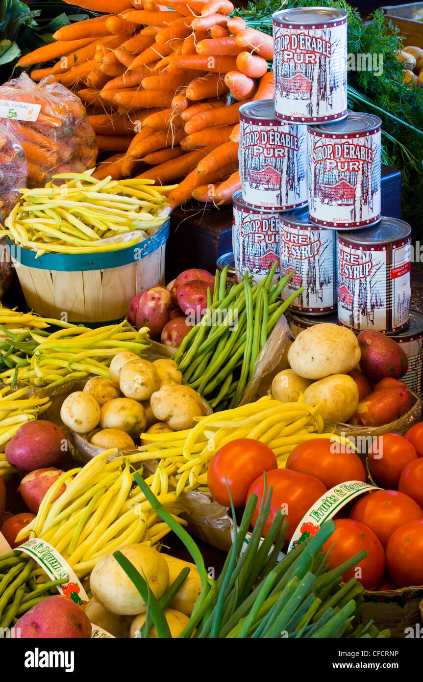 Produce and maple syrup on display in market, Quebec City, Quebec ...