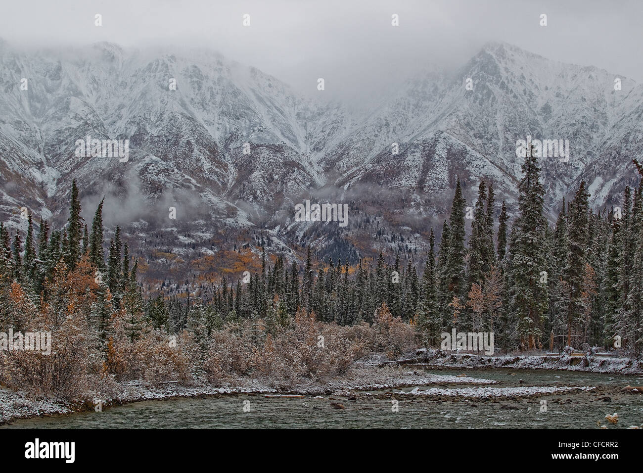 Snow covered landscape along the Wheaton River and Annie Lake mountains ...