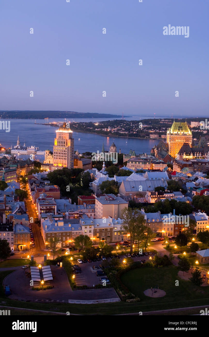 High viewpoint twilight view of Vieux-Quebec and Vieux-Port. the old ...