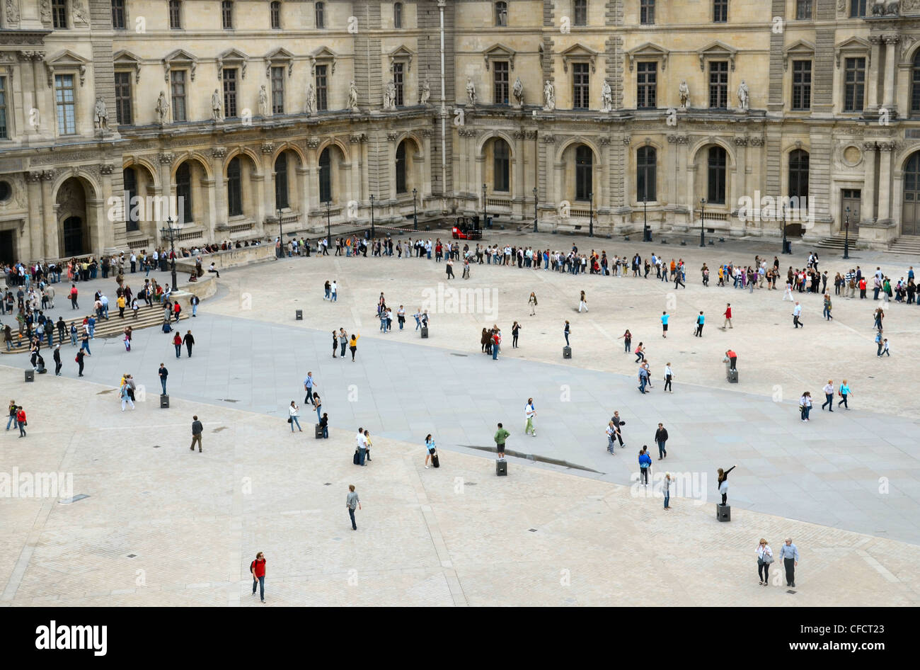 Looking down on visitors queuing in the courtyard of the Louvre Museum ...
