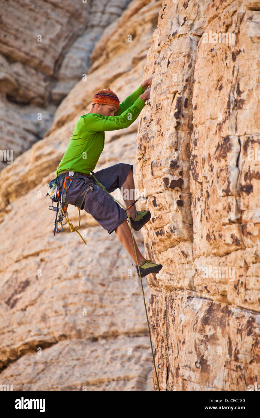 A male climber sport climbing in Red Rocks, Las Vegas, Nevada, United ...
