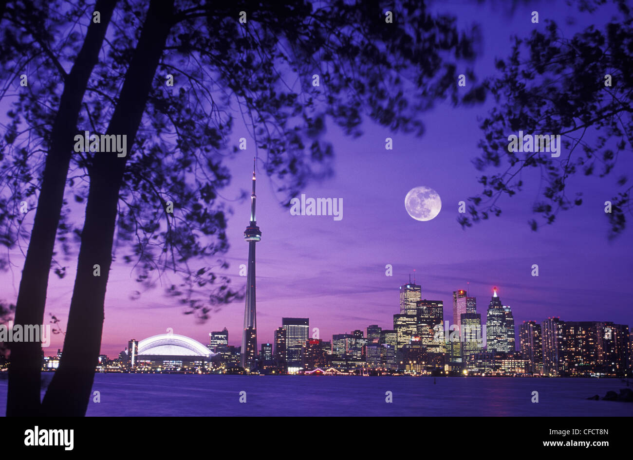 Skyline with CN tower at dusk with moon, Toronto, Ontario, Canada Stock ...