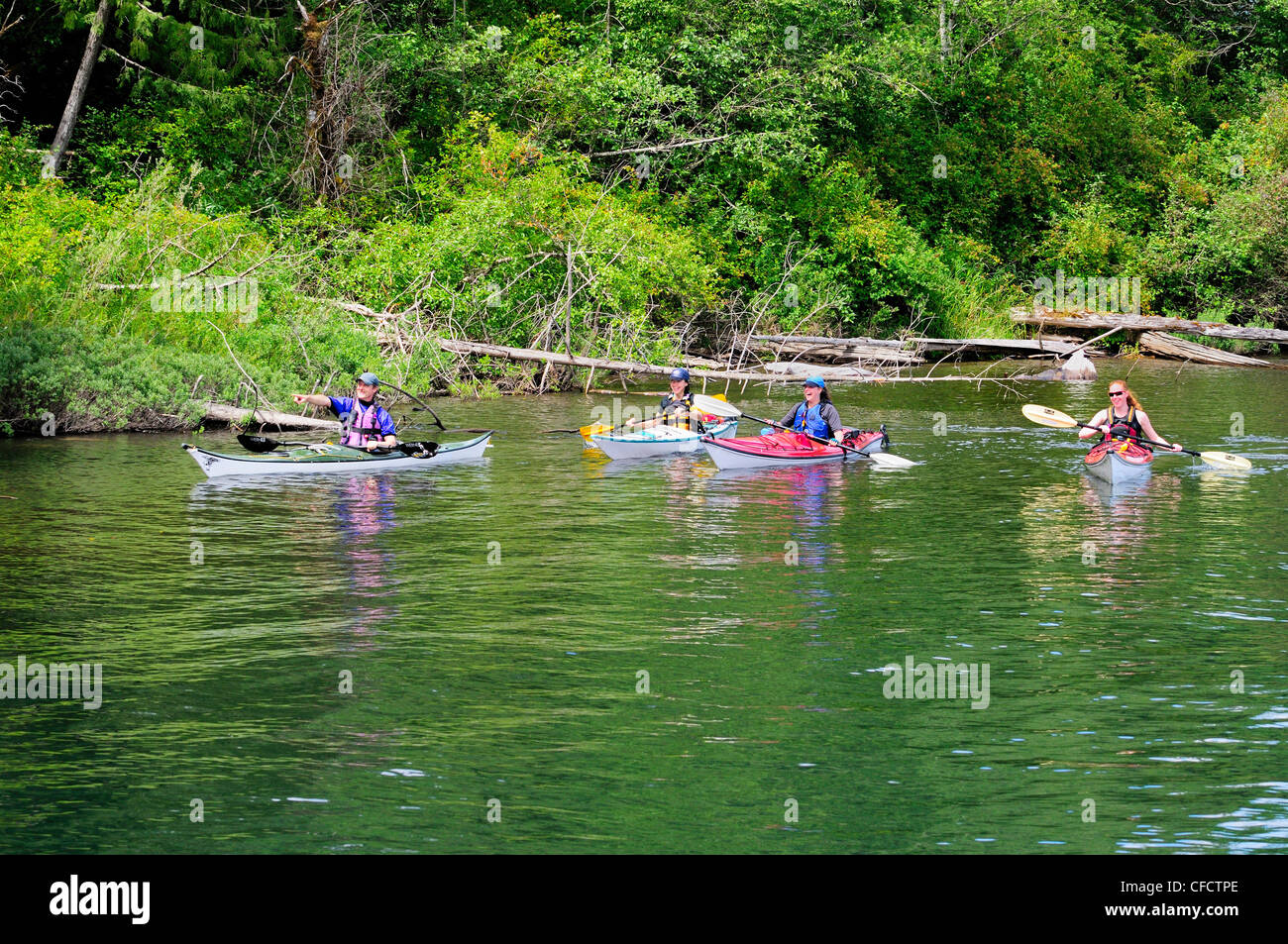 Four kayakers kayaking Cowichan Lake British Stock Photo - Alamy
