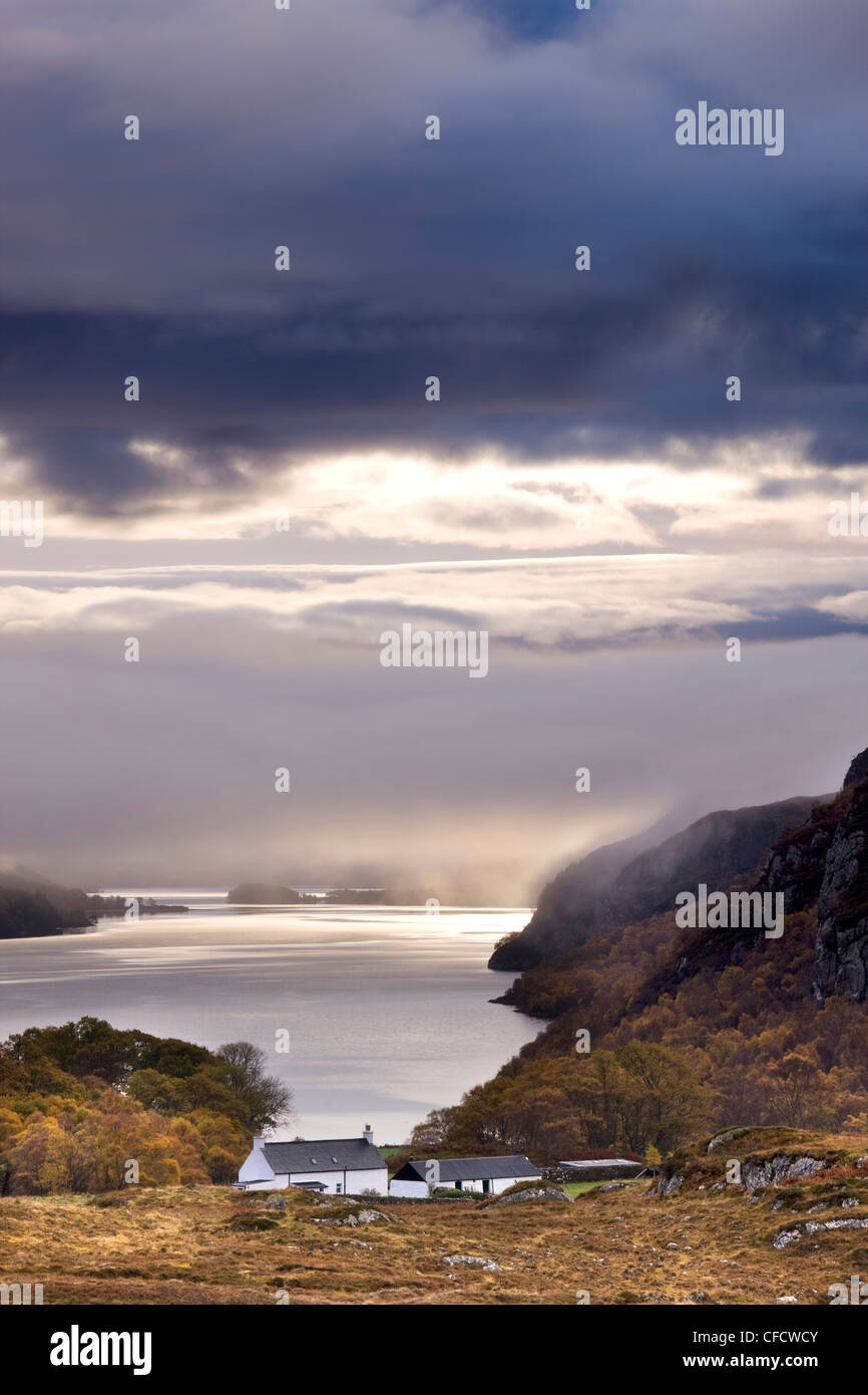 Early morning mist hanging over Loch Maree, Wester Ross, Highlands ...