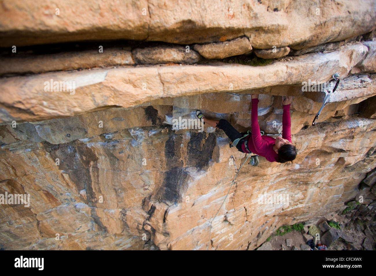 A young strong asian woman rockclimbing at Lost Boys crag in Jasper ...