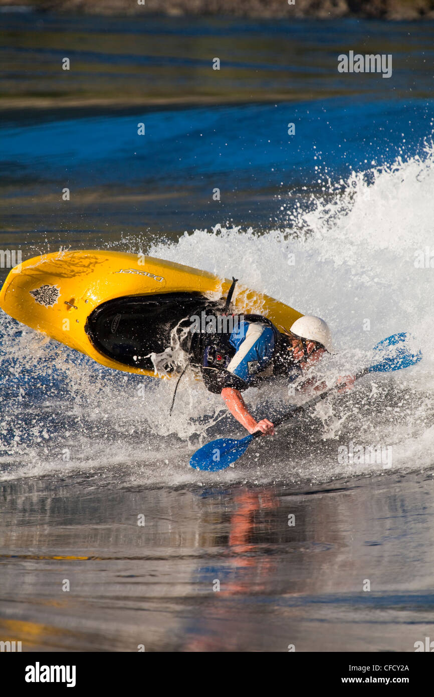 Young man freestyle kayaking on Skookumchuk ocean rapids, Skookumchuck ...