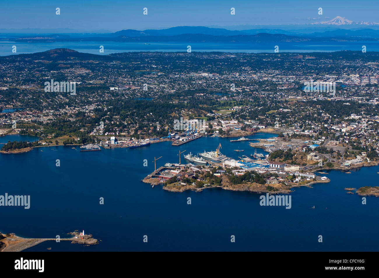 Aerial of Esquimalt Harbour, Fisgard Light in foreground, Victoria ...