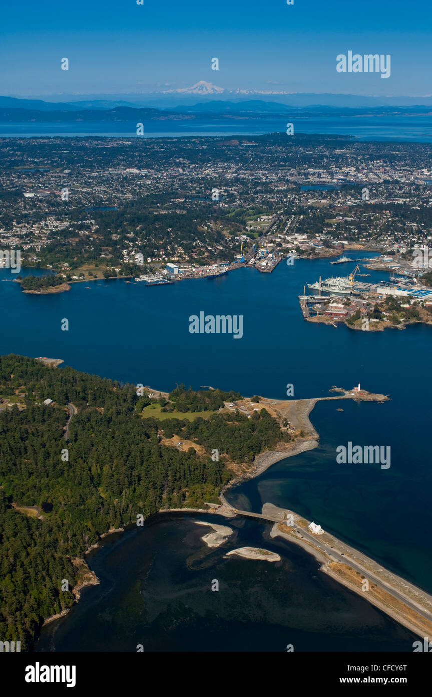 Aerial of Esquimalt Harbour, Fisgard Light in foreground, Victoria ...