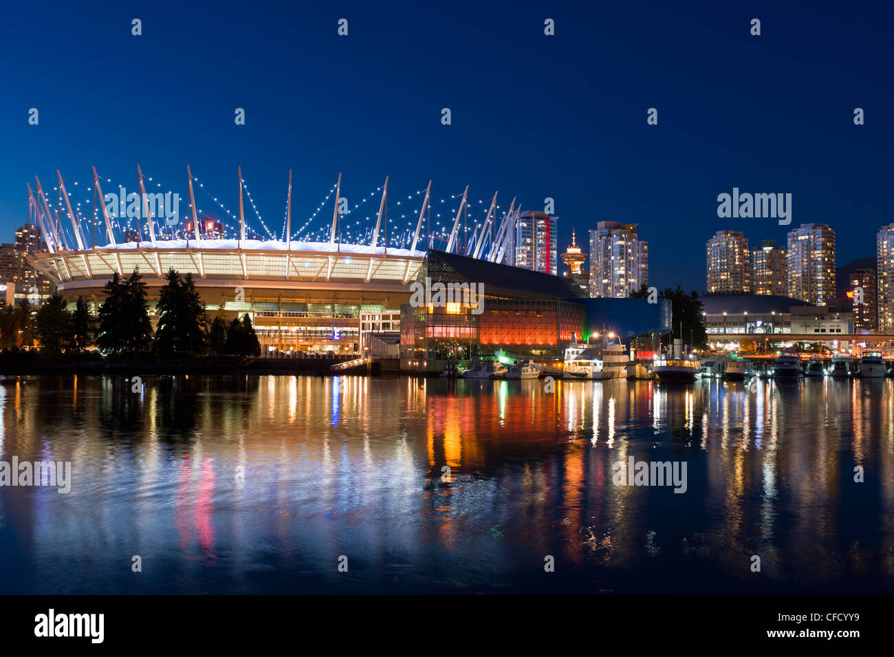 City skyline with new retractable roof on BC Place Stadium, False Creek ...