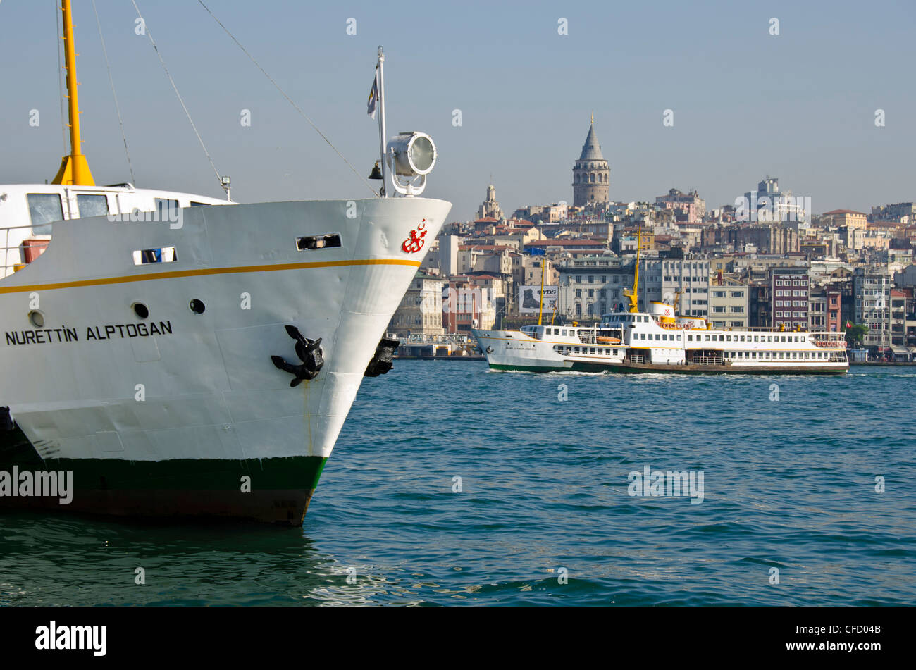 Ferry Bow on the Golden Horn with Beyoğlu district and Galata Tower ...