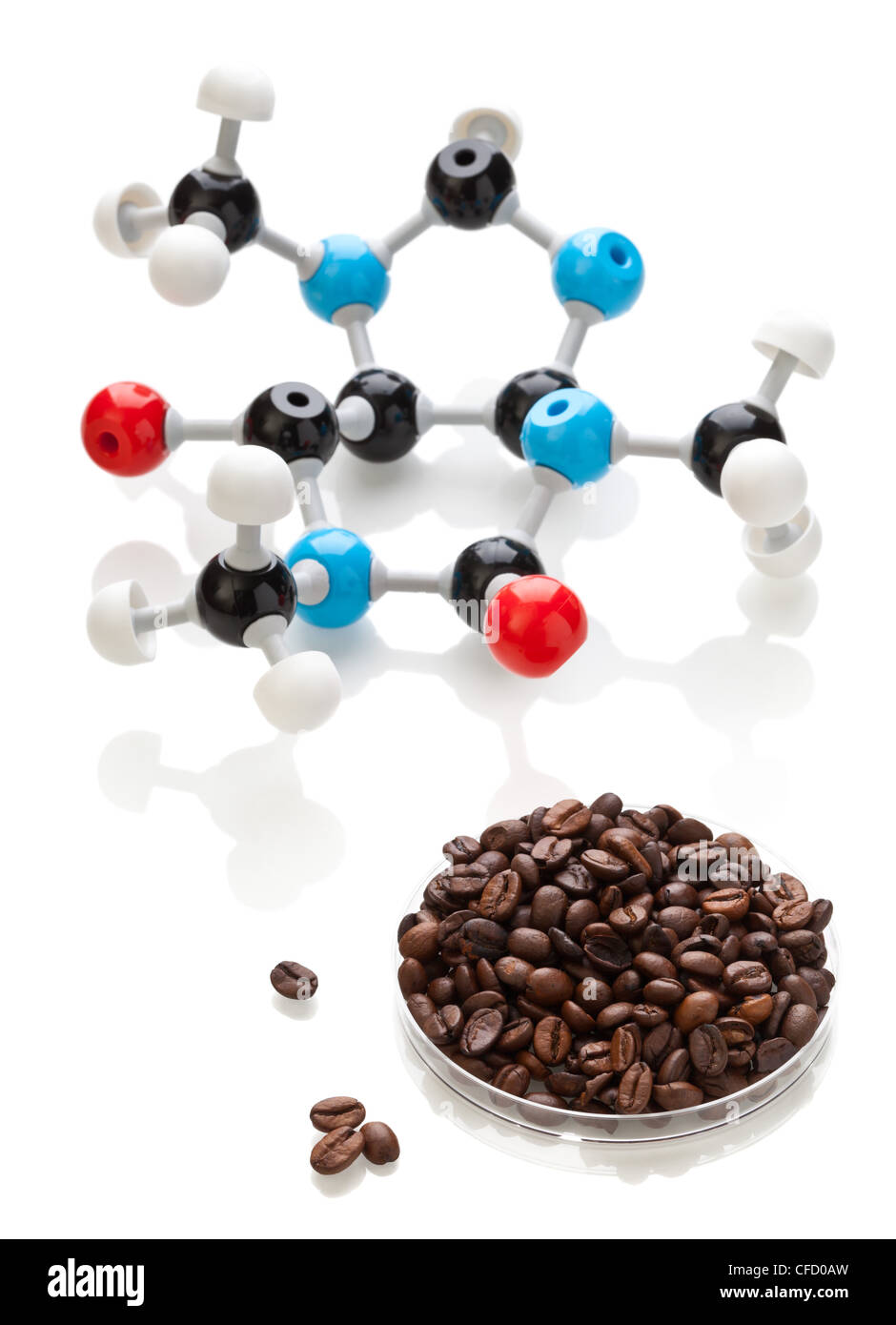 Model of a caffeine molecule with coffee beans over white background ...