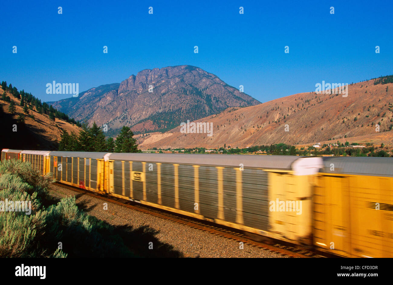 Thompson River at Spences Bridge, with freight train, British Columbia ...