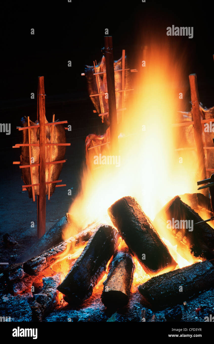 First Nations culture, Mungo Martin House, open fire with salmon on ...