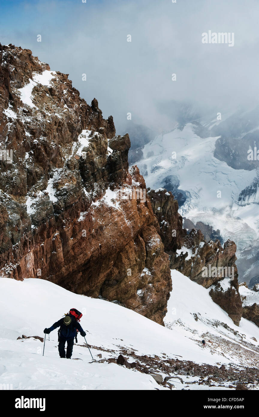 Climber nearing the summit of Aconcagua 6962m, Provincial Park, Andes ...