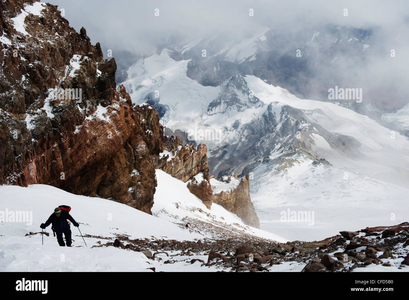 Climber nearing the summit of Aconcagua 6962m, Provincial Park, Andes ...