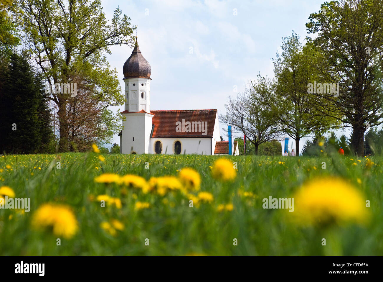 Chapel in spring, Hub-chapel Penzberg, Upper Bavaria, Bavaria, Germany ...
