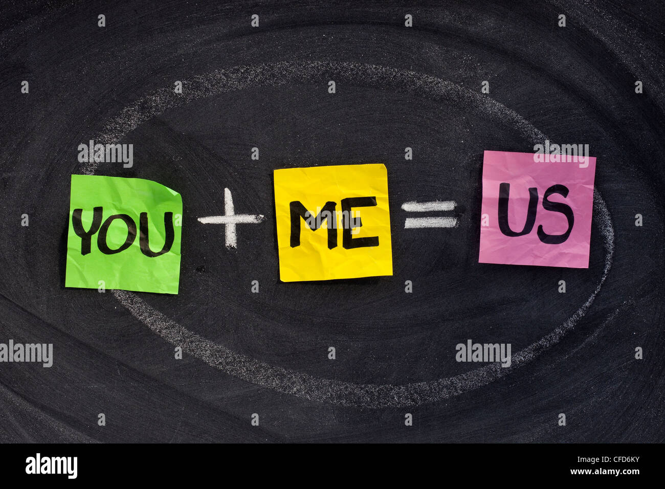 you, me, us - relationship concept; color sticky notes on blackboard ...