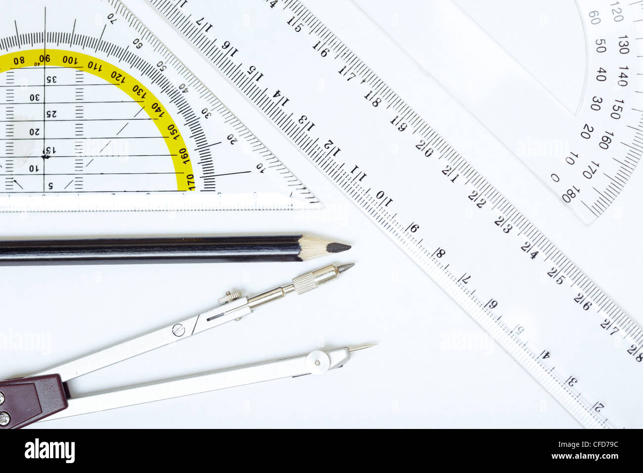 Scheme with compasses rulers and pencil. Close-up photo Stock Photo - Alamy