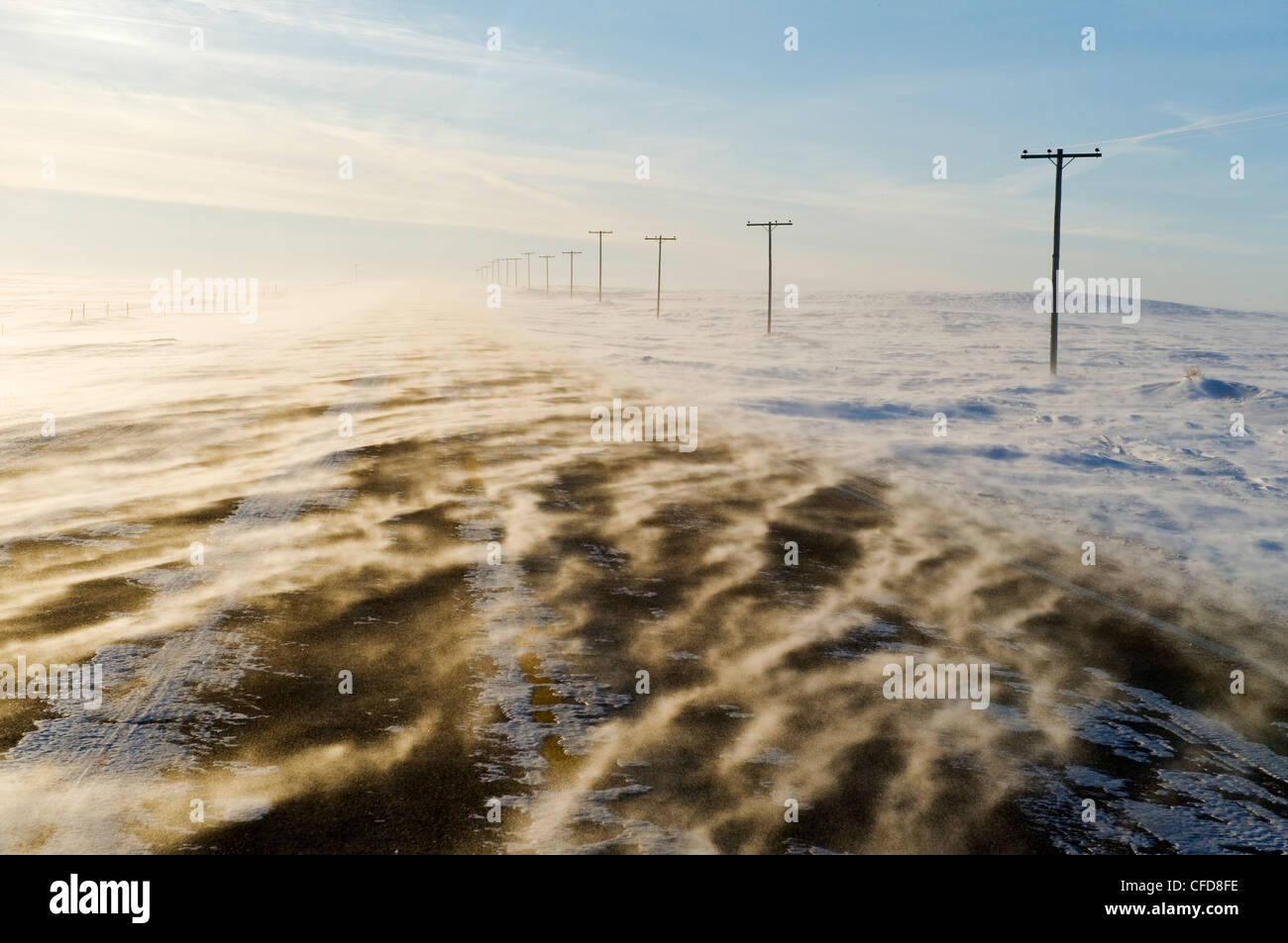 Road covered with blowing snow, near Verwood, Saskatchewan, Canada ...