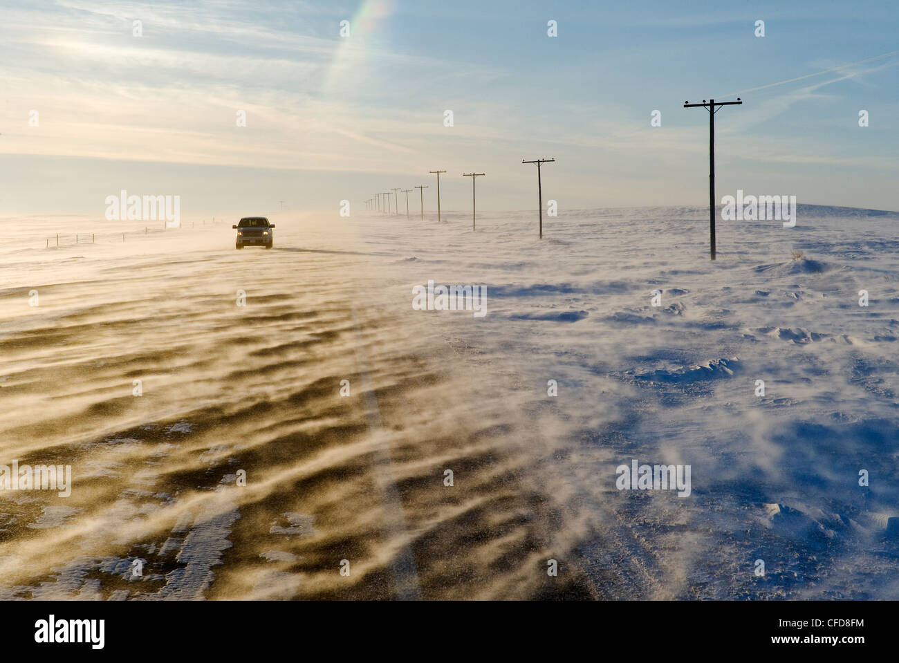 Road covered with blowing snow, near Verwood, Saskatchewan, Canada ...