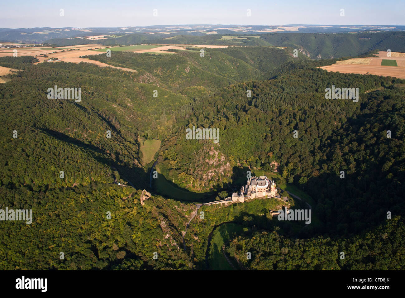 Aerial view of Eltz castle above the Moselle river, Muenstermaifeld ...