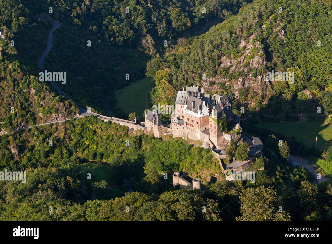 Aerial view of Eltz castle above the Moselle river, Muenstermaifeld ...