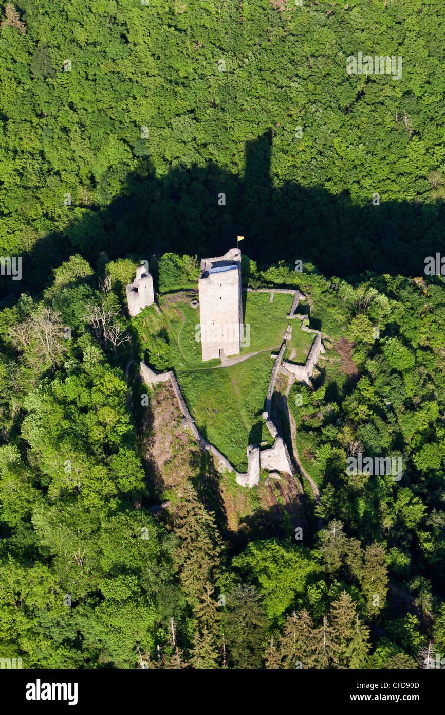 Aerial view of castle ruins of Oberburg Manderscheid, Lieser valley ...